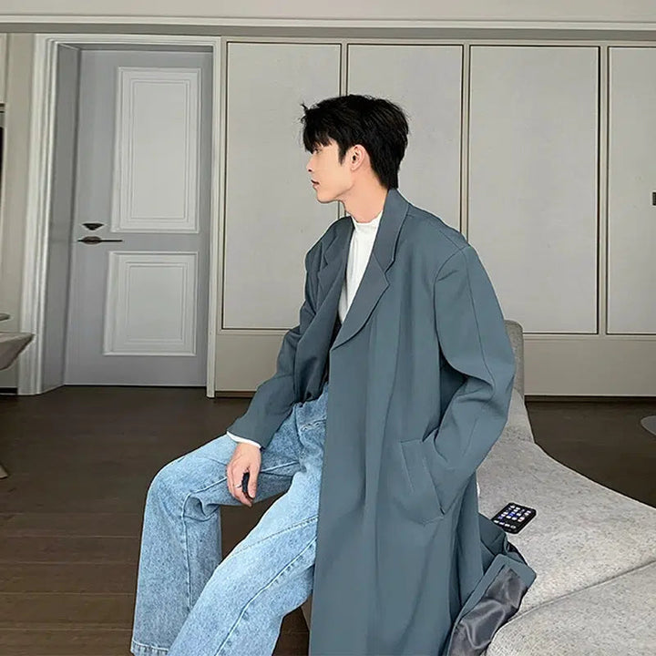 Hua Wide Shoulder Notch Lapel Long Coat Hua Wide Shoulder Notch Lapel Long Coat